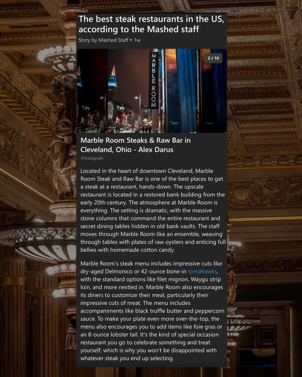 Marble Room Steaks and Raw Bar Cleveland Reservations | Alotea Concierge